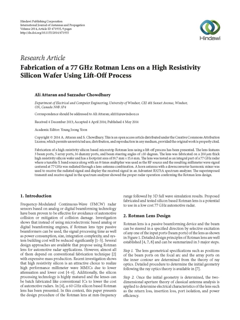Fabrication of a 77 GHz Rotman Lens on a High Resistivity Silicon Wafer ...
