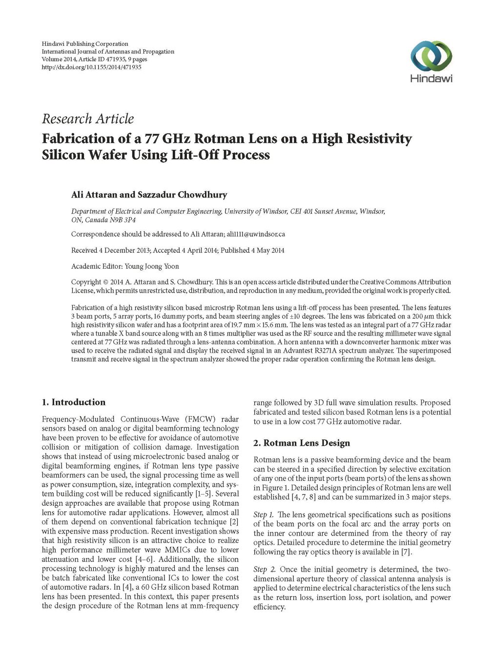 Fabrication of a 77 GHz Rotman Lens on a High Resistivity Silicon Wafer ...